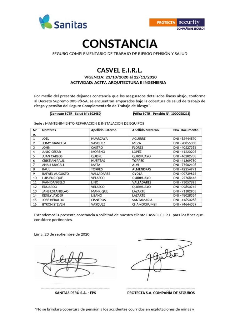 Constancia SCTR Octubre 2020 | PDF | Riesgo financiero | Seguro