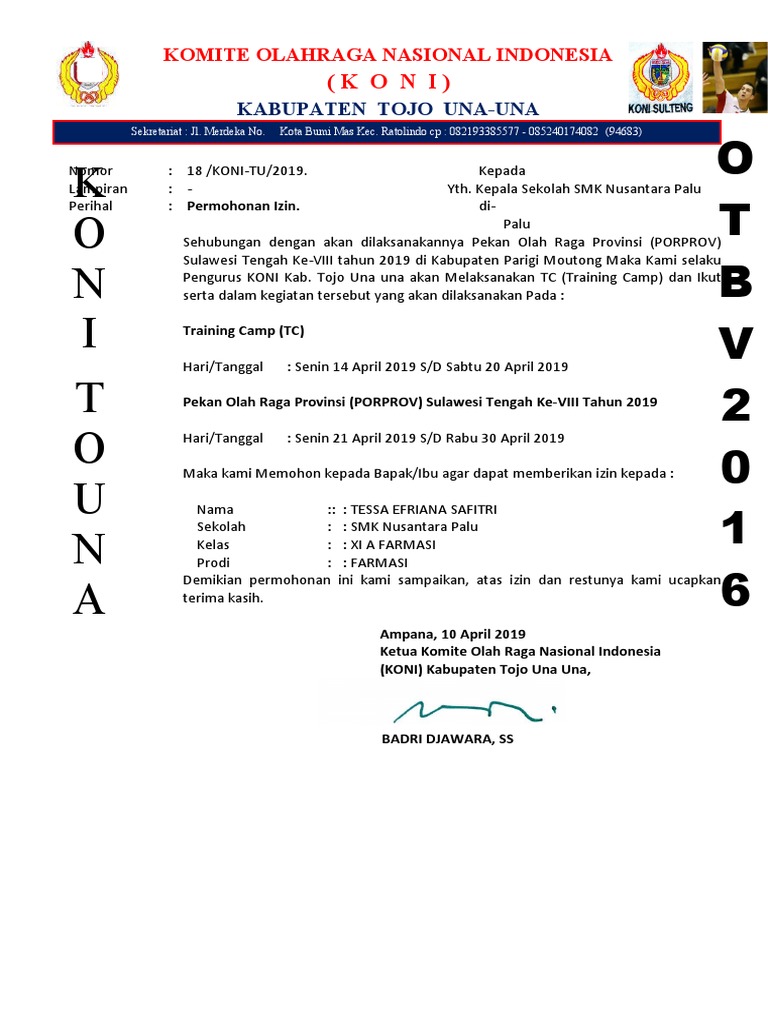 Surat Ijin PORPROV 2019 | PDF