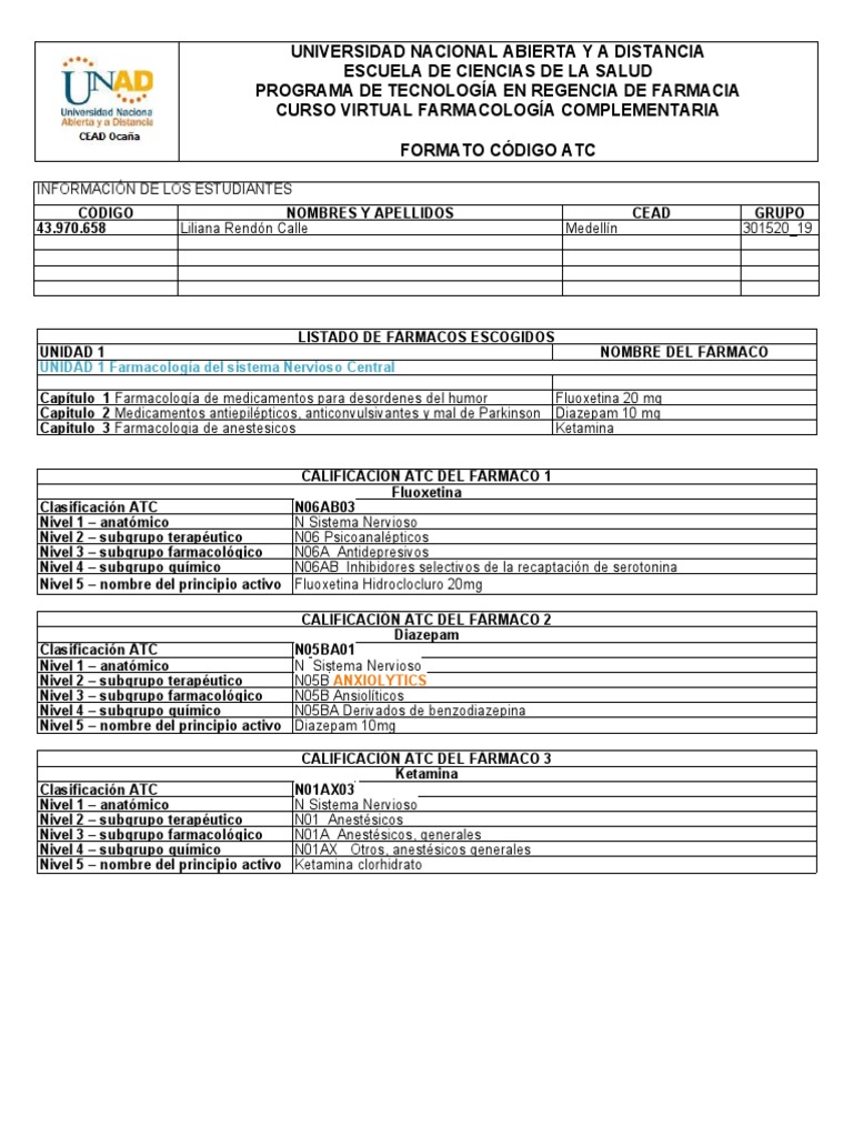 Formato - Codigo - ATC - Actividad Practica - Liliana Rendon | PDF | Farmacología | Medicina