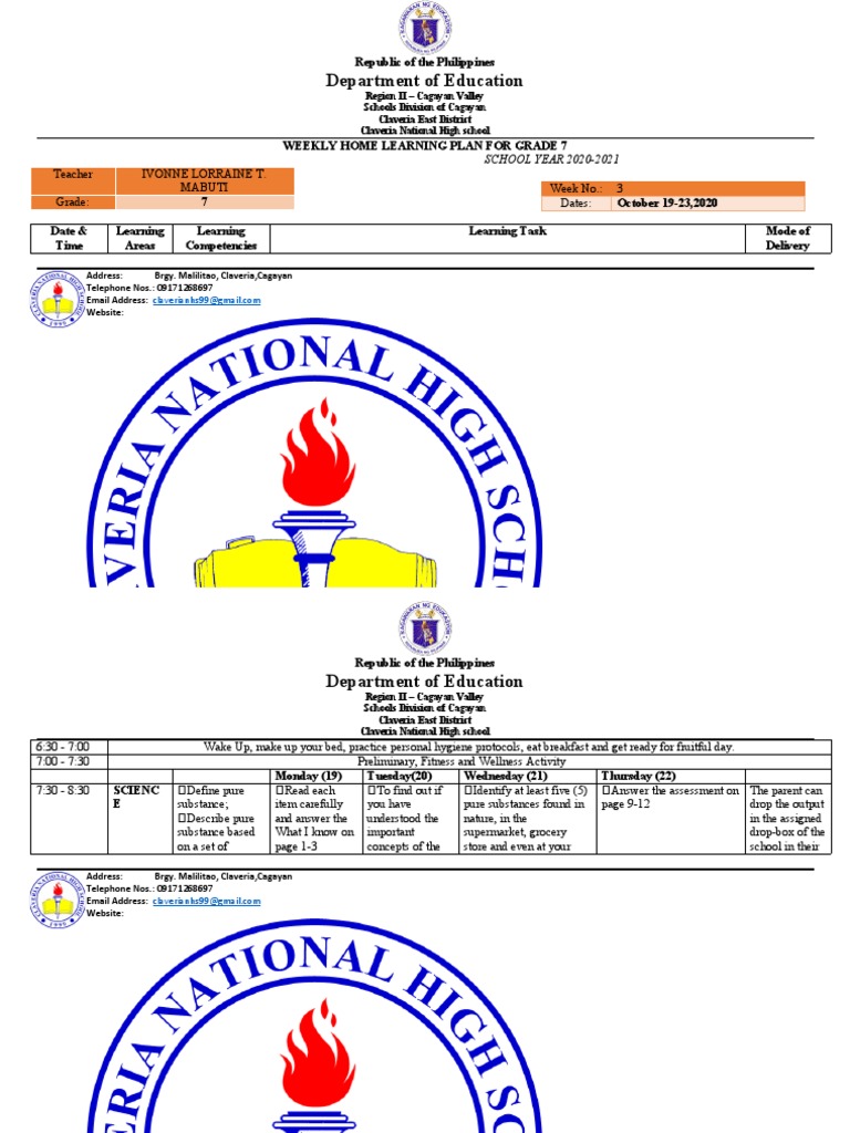 Grade 7 Weekly Learning Plan 2020-2021 | PDF