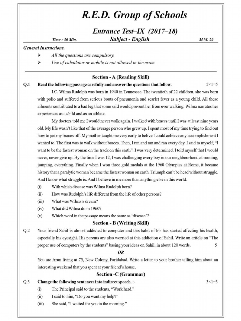 Admission Test Sample Paper IXth 2017 | PDF