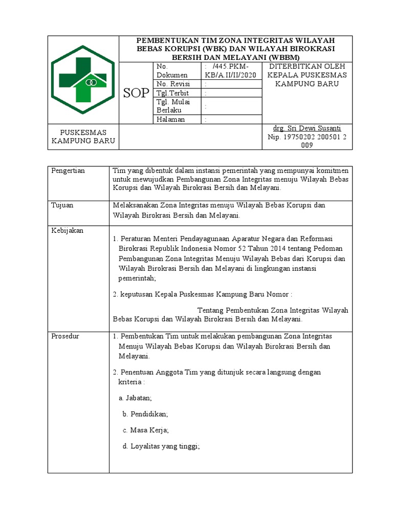 Sop Pembentukan Tim Zona Integritas Wilayah Bebas Korupsi Pdf