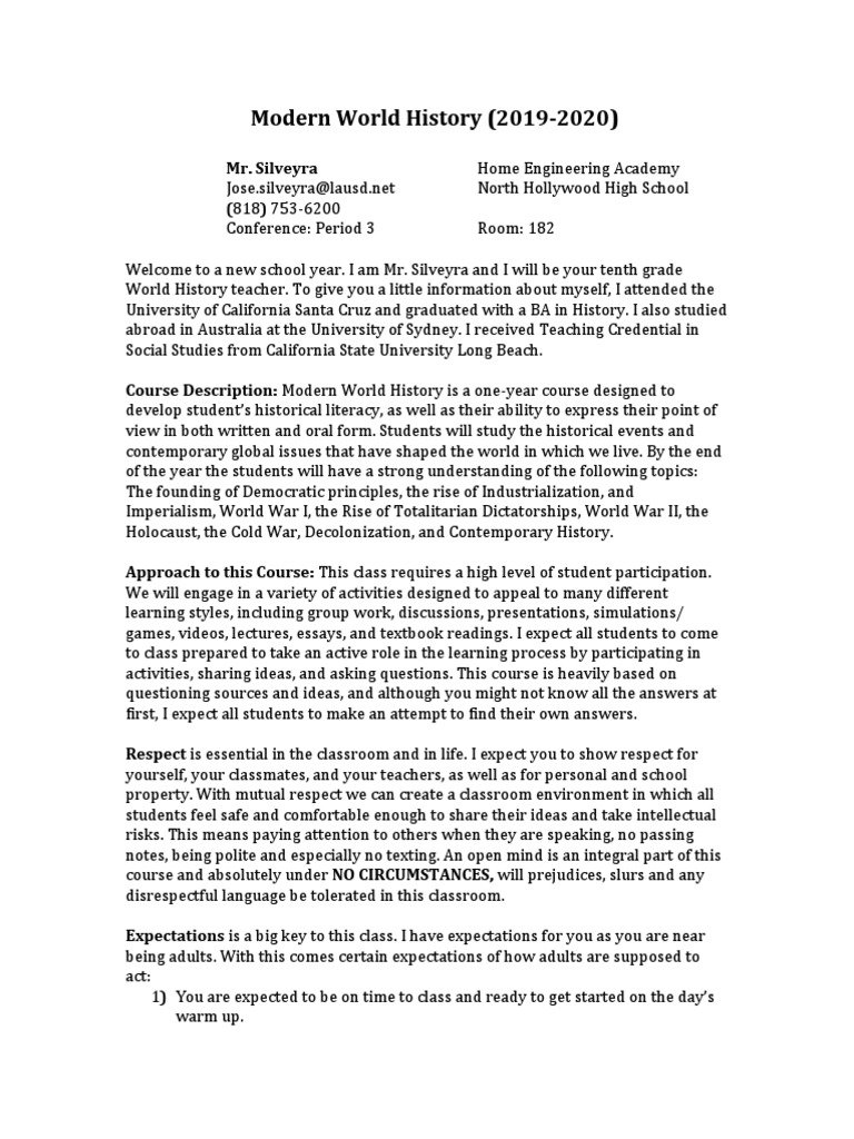 Modern World History Course Overview | PDF | Academic Dishonesty | Schools