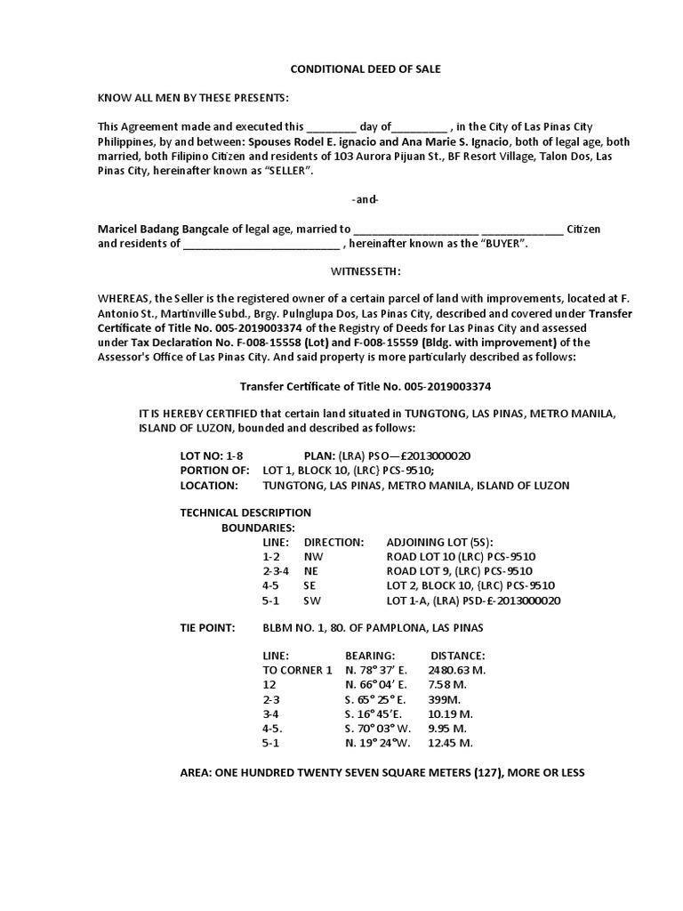 Conditional Deed of Sale | PDF | Civil Law (Common Law) | Property