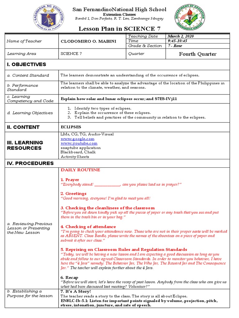 Lesson Plan in Science 7: San Fernandinonational High School | PDF ...