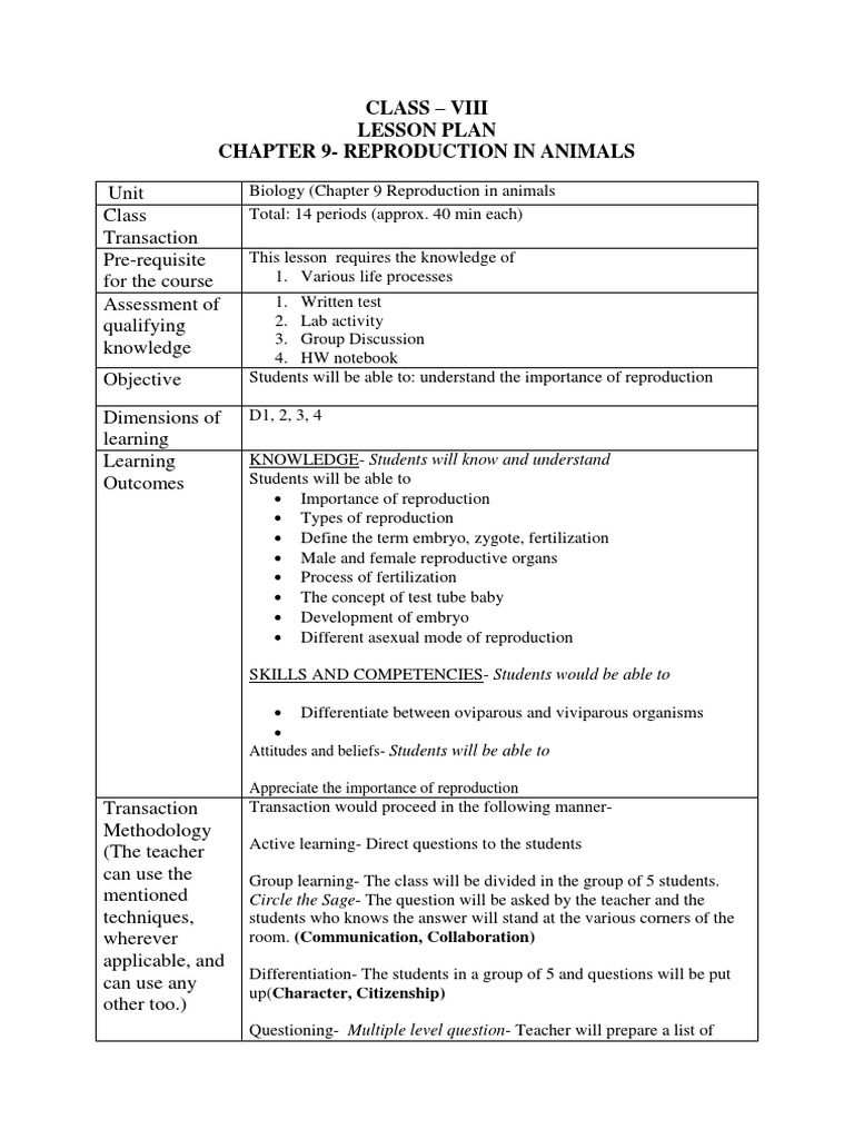 Class - Viii Lesson Plan Chapter 9-Reproduction in Animals: Students ...