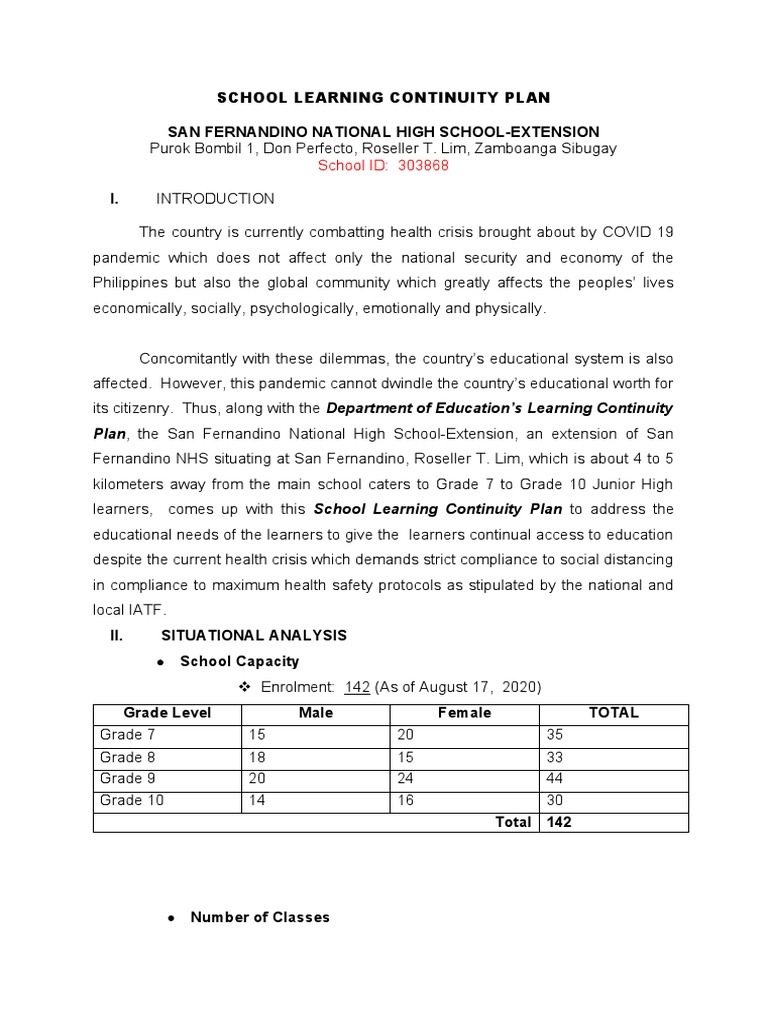 SFNHS - Extension's School Learning Continuity Plan | PDF | Classroom | Teachers