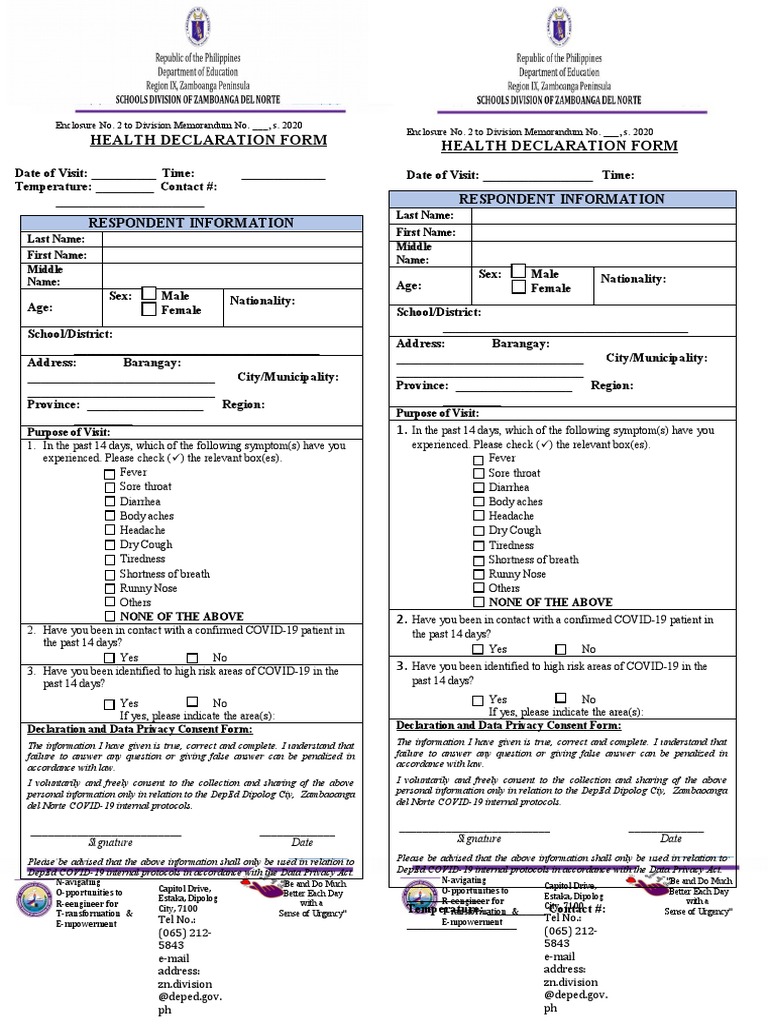 Health Declaration Form Health Declaration Form: Respondent Information ...