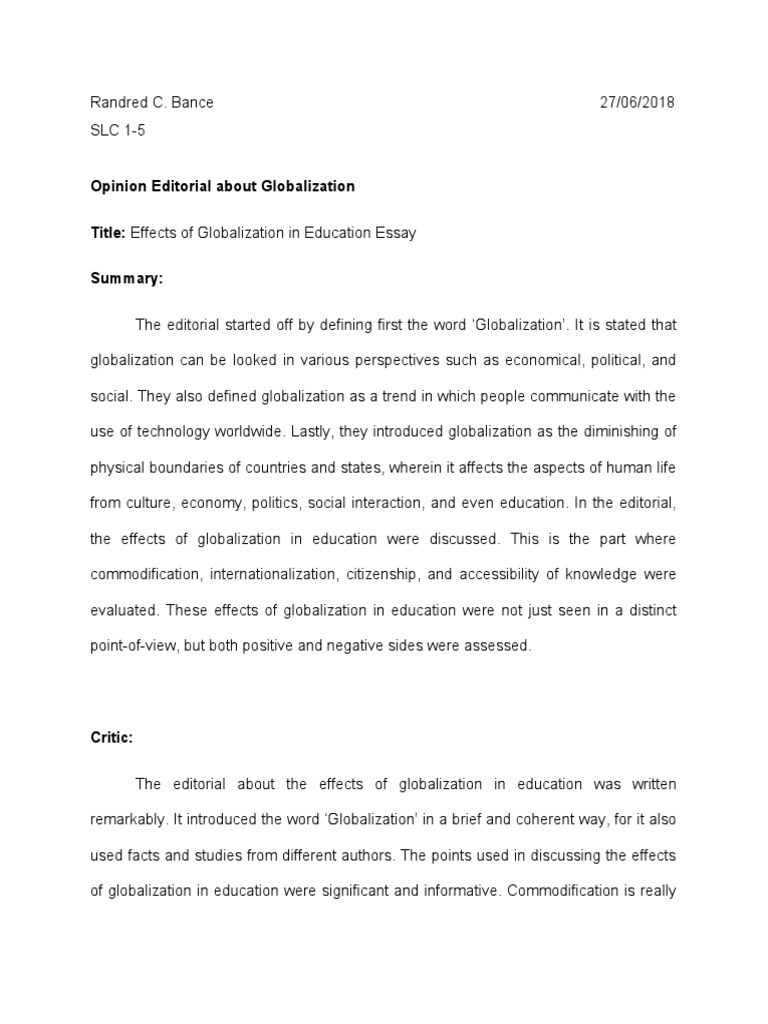 Opinion Editorial About Globalization Title: Effects of Globalization ...