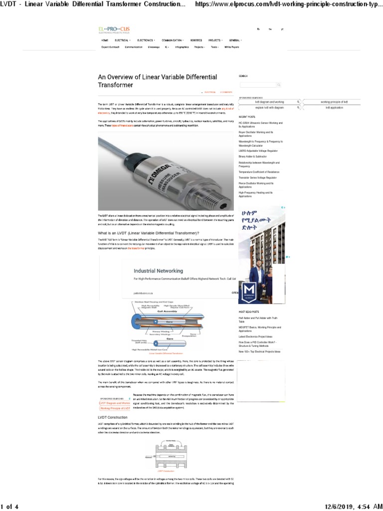 LVDT - Linear Variable Differential Transformer Construction, Working Principle | PDF ...