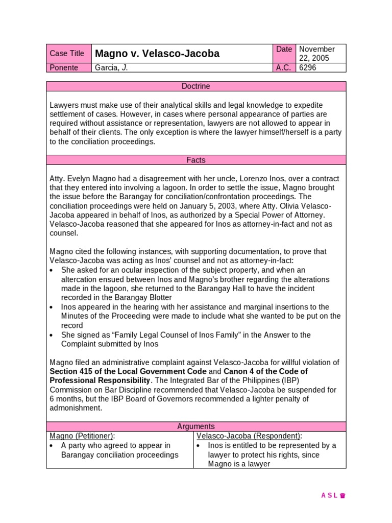 Magno V Velasco-Jacoba (Ethics Case Digest) | PDF | Lawyer | Complaint