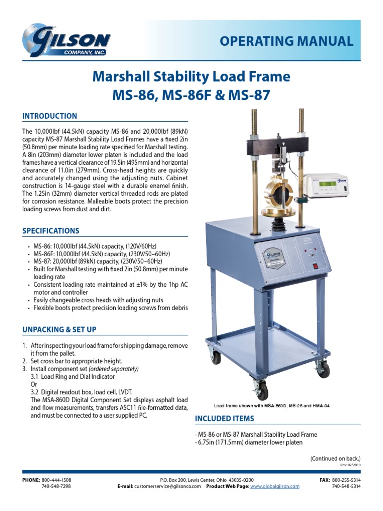 Marshall Stability Load Frame MS-86, MS-86F & MS-87: Operating Manual ...