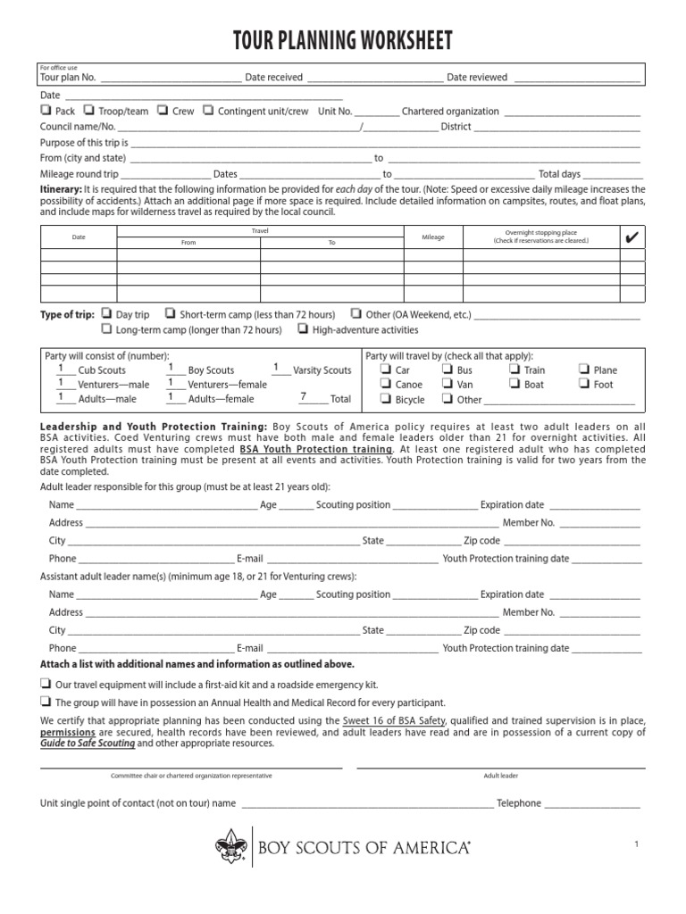 Tour Planning Worksheet 680-014 | PDF | Boy Scouts Of America ...