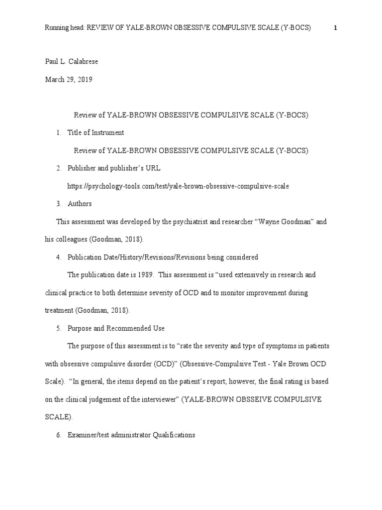 Review of YALE-BROWN OBSESSIVE COMPULSIVE SCALE (Y-BOCS) | PDF ...