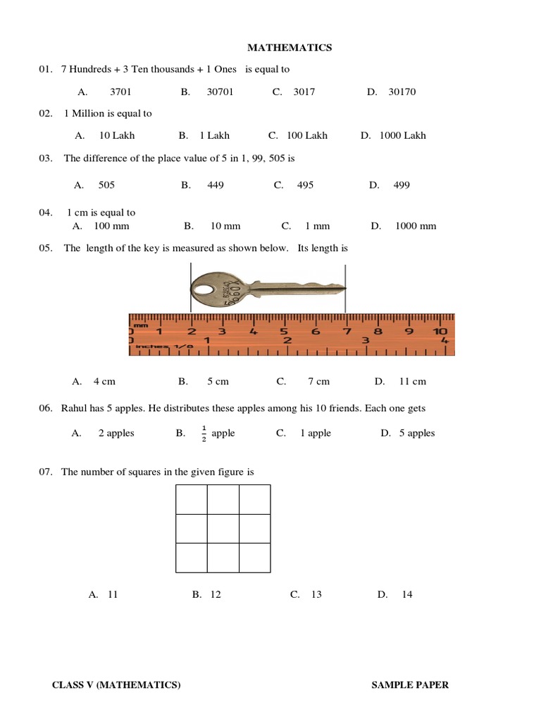 Mathematics: Class V (Mathematics) Sample Paper | Download Free PDF ...
