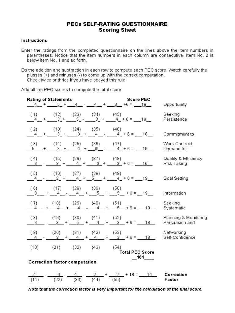 PECs Self Rating Questionnaire Scoring Sheet 1 | PDF | Business ...