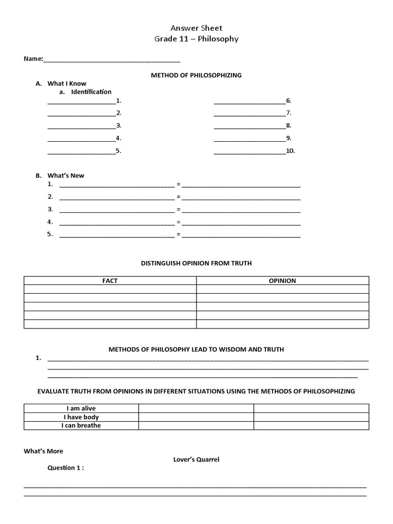 Grade 11 Philosophy Worksheet | PDF | Metaphysics | Philosophical Theories