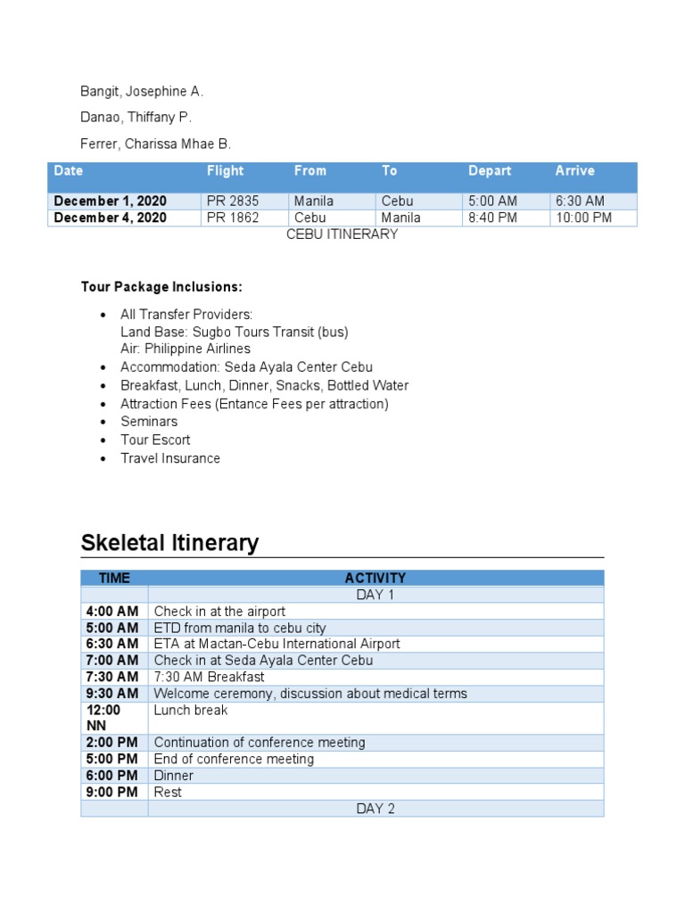 Skeletal Itinerary: Date Flight From To Depart Arrive | PDF | Cebu ...