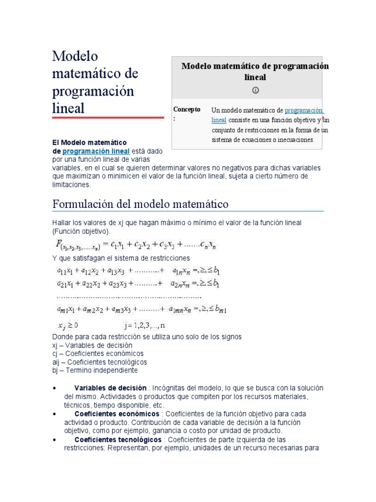 Modelo Matemático de Programación Lineal OPTIMIZACION | PDF | Función ...