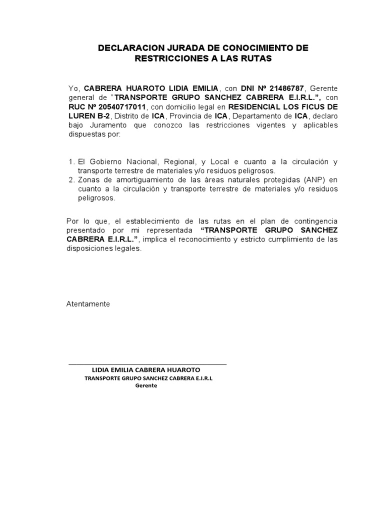 Declaracion Jurada de Conocimiento de Restricciones A Las Rutas | PDF