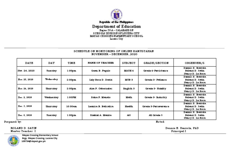 Kumustahan Schedule Format Nov-Dec | PDF | Learning | Behavior Modification