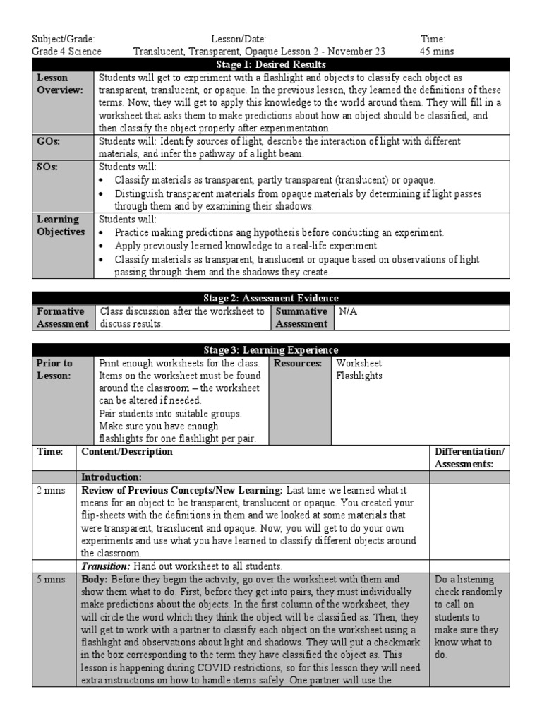 Transparent Translucent Opaque Lesson Plan - Grade 4 Science | PDF ...