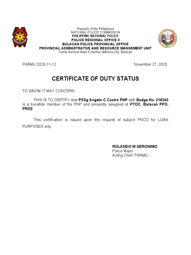 Certificate of Duty Status | PDF