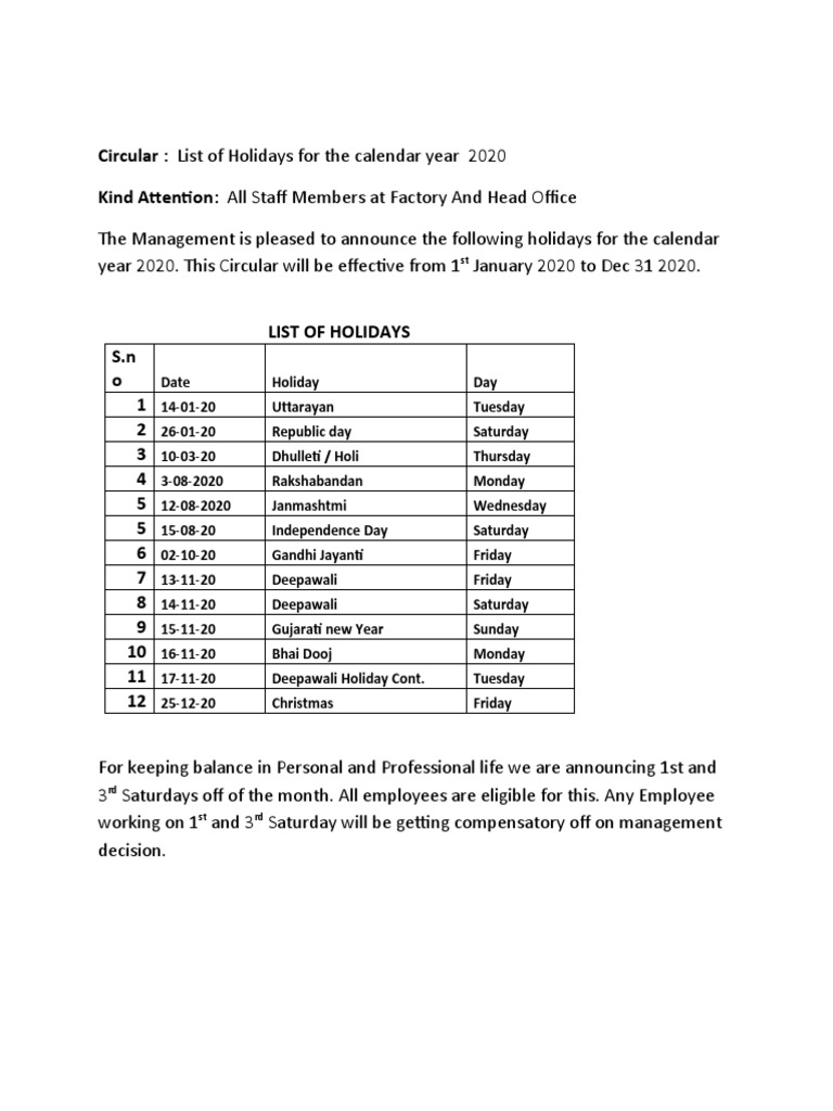 Circular: List of Holidays For The Calendar Year 2020 Kind Attention ...