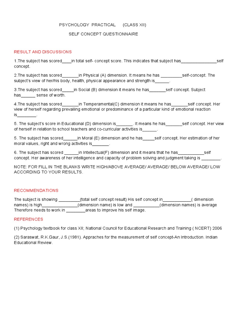 Self Concept Questionnaire Results Class 12 | PDF | Career & Growth