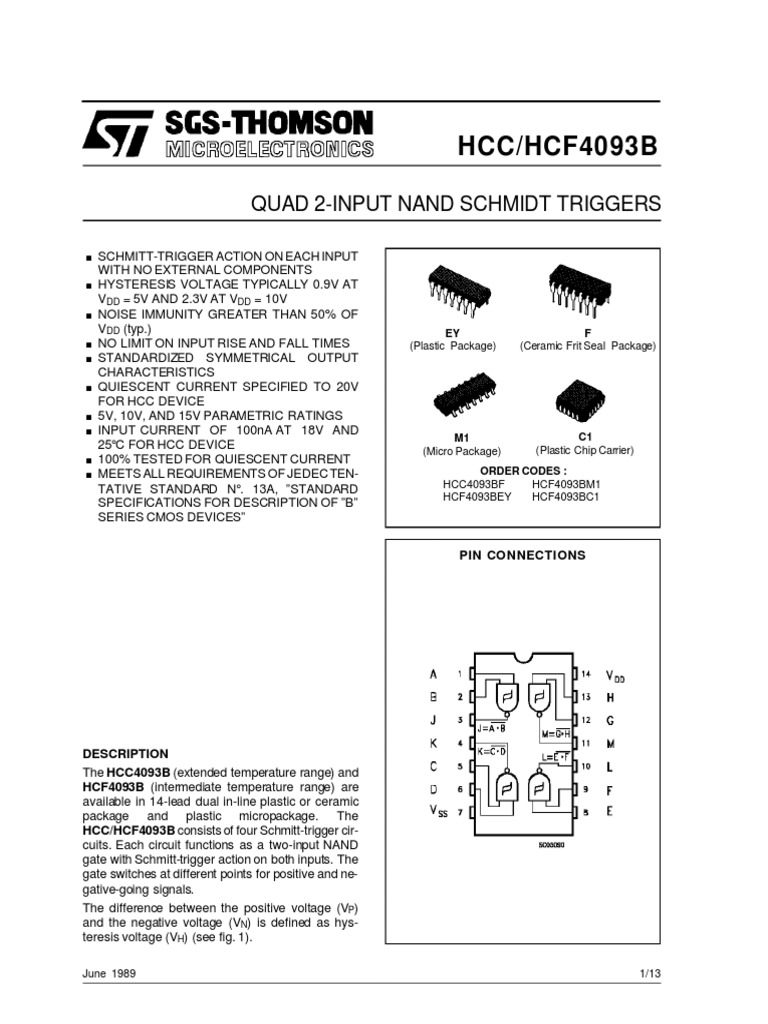 HCC/HCF4093B: Quad 2-Input Nand Schmidt Triggers | PDF | Electronic ...