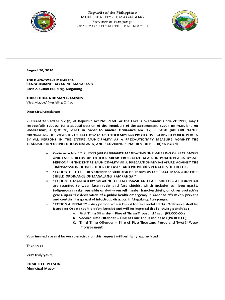August 20, 2020 The Honorable Members Sangguniang Bayan NG Magalang ...
