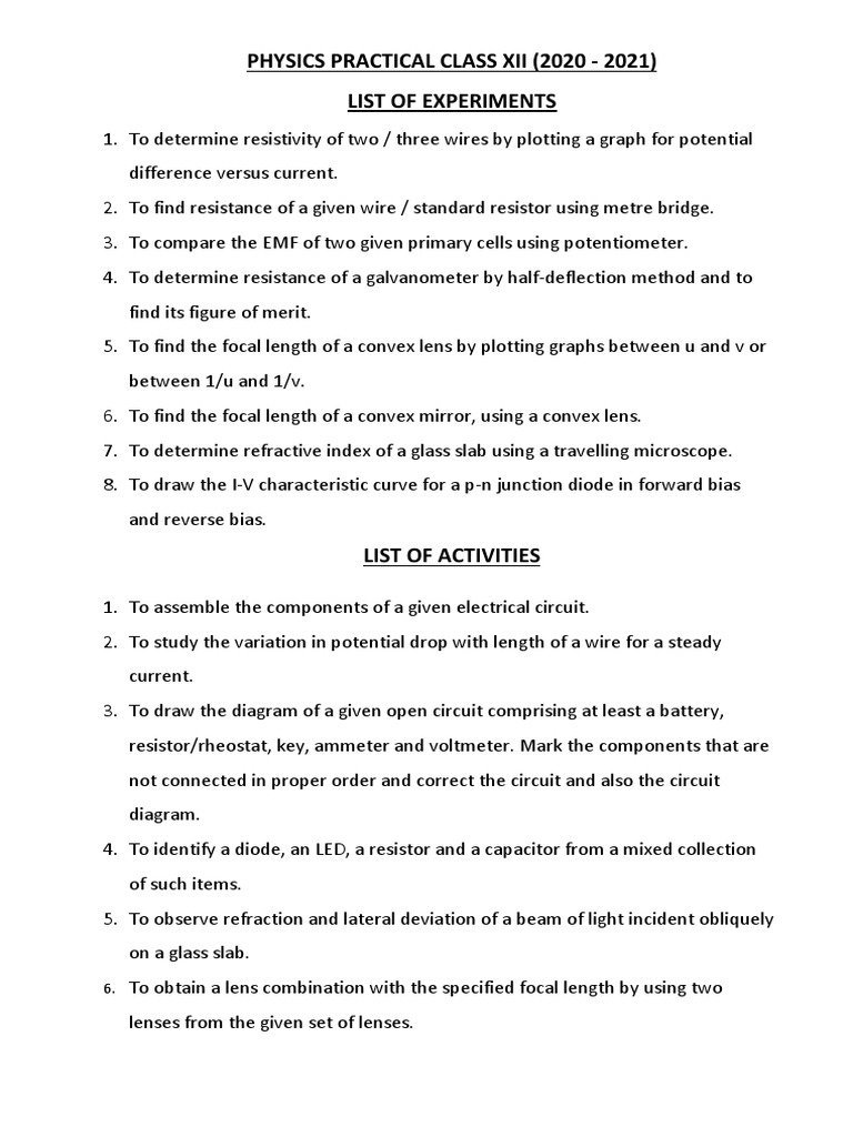 Physics Practical Class Xii (2020 - 2021) List of Experiments | PDF