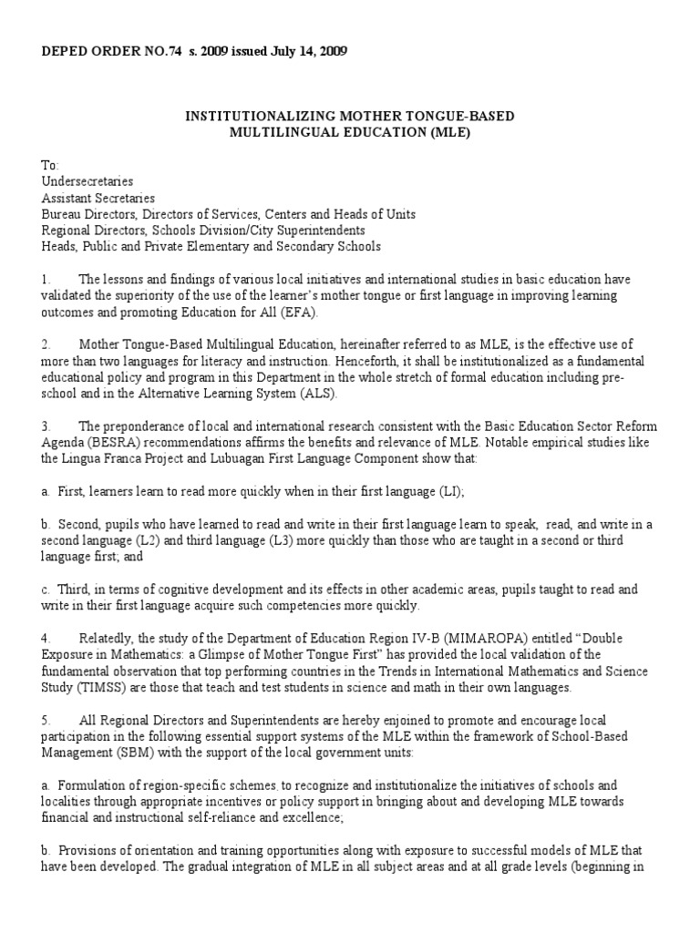 Deped Order No. 74 | PDF | Multilingualism | First Language