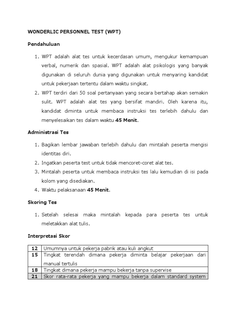 Panduan Wonderlic Personnel Test | PDF