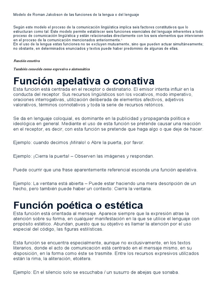 Modelo de Roman Jakobson de Las Funciones de La Lengua o Del Lenguaje ...