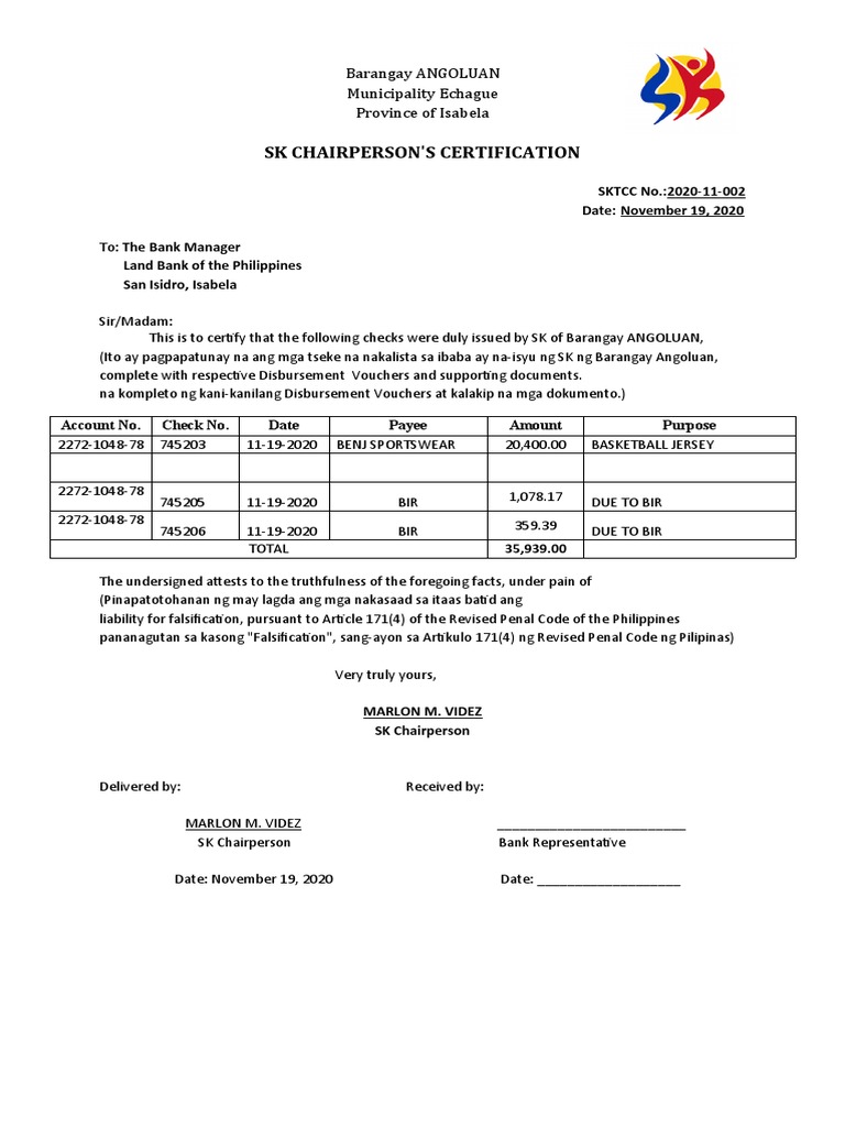 SK Chairperson'S Certification: Barangay ANGOLUAN Municipality Echague ...