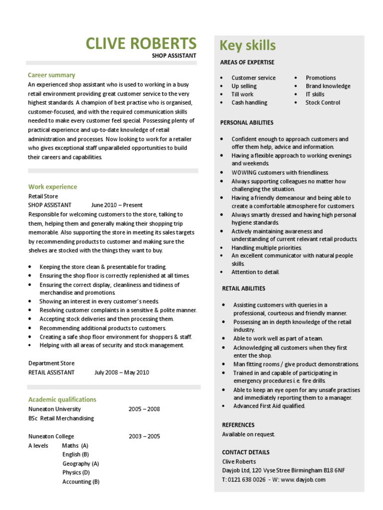 Shop Assistant CV Example-1 PDF | PDF | Retail | Business