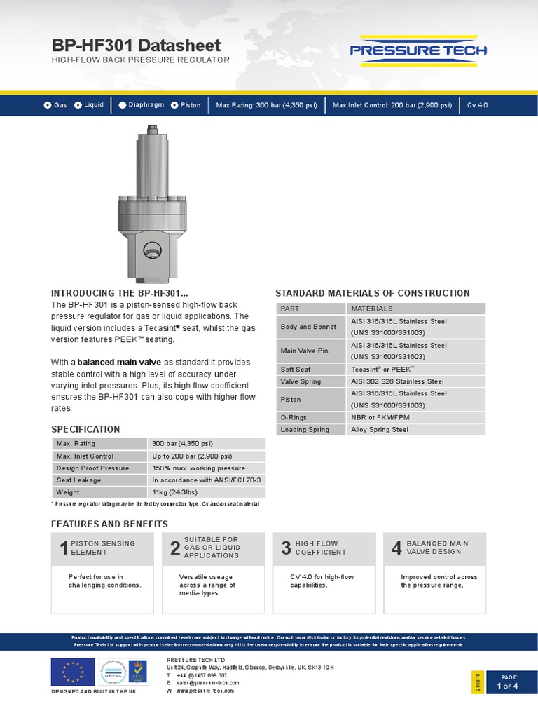BP-HF301 Datasheet: High-Flow Back Pressure Regulator | PDF | Valve ...