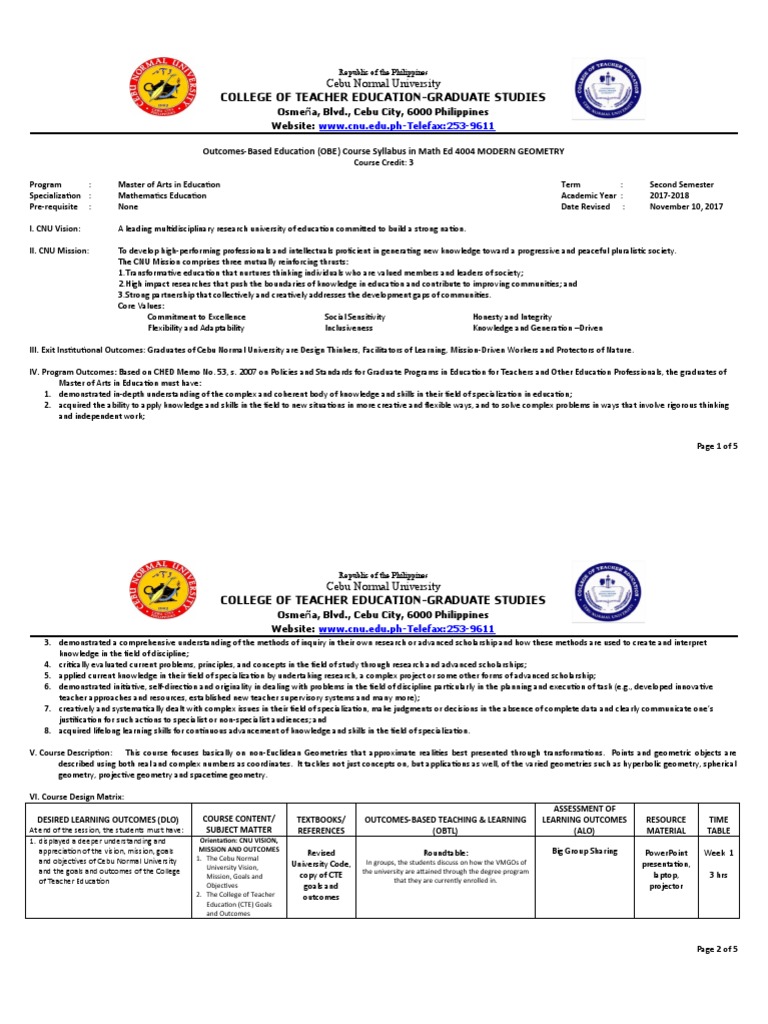 Modern Geometry Course Syllabus | PDF | Geometry | Hyperbolic Geometry