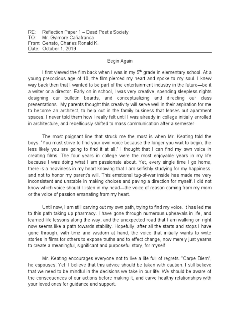 Dead Poets Society Reflection Paper | PDF