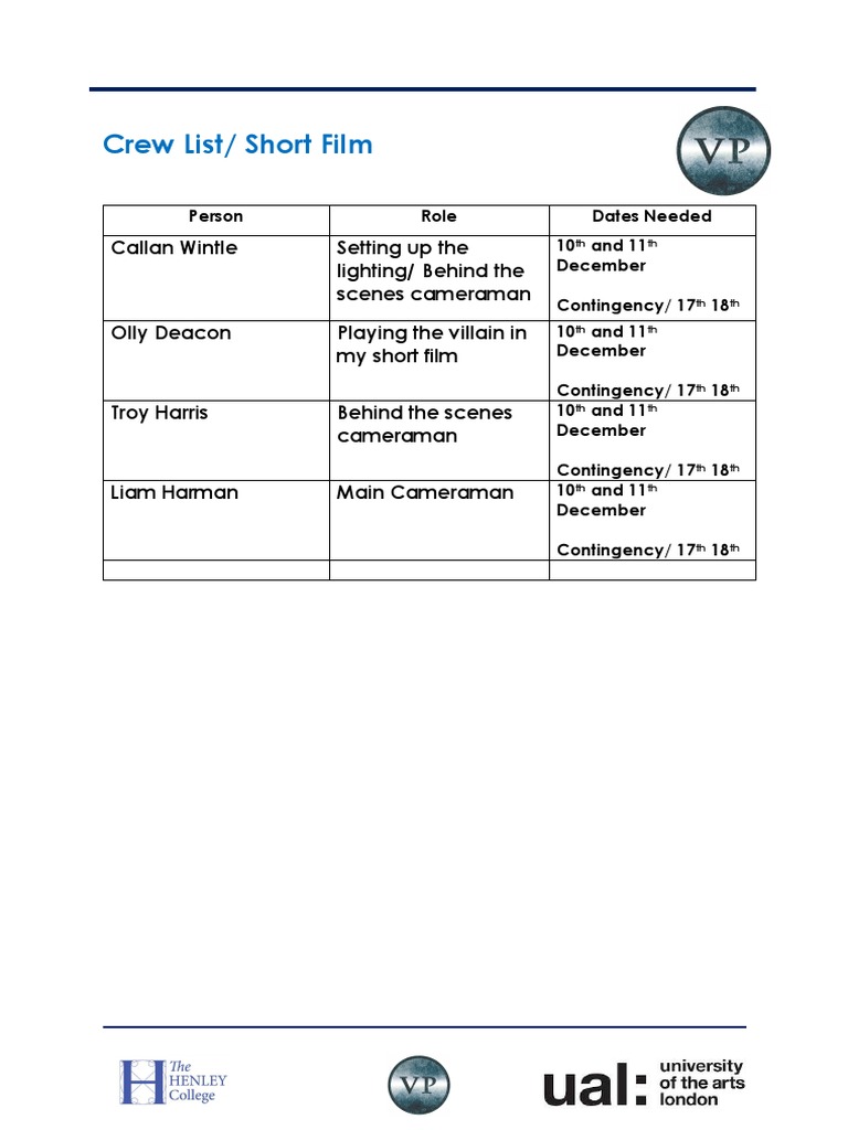 Short Film Crew List and Schedule | PDF | Classics