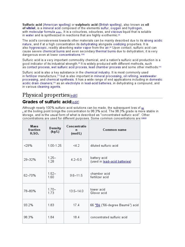 Physical Properties: Grades of Sulfuric Acid | Download Free PDF ...