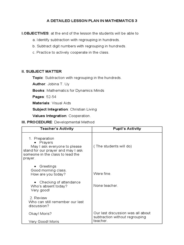 A Detailed Lesson Plan in Mathematics 3 | PDF | Lesson Plan | Subtraction