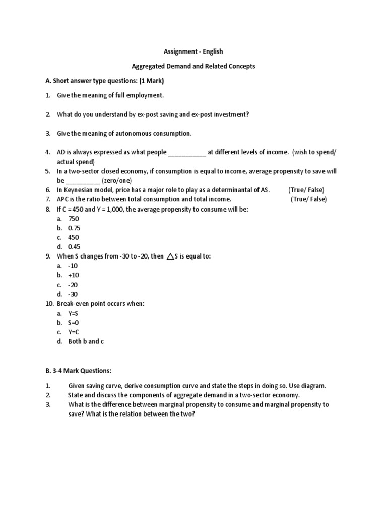 Assignment - English Aggregated Demand and Related Concepts A. Short ...
