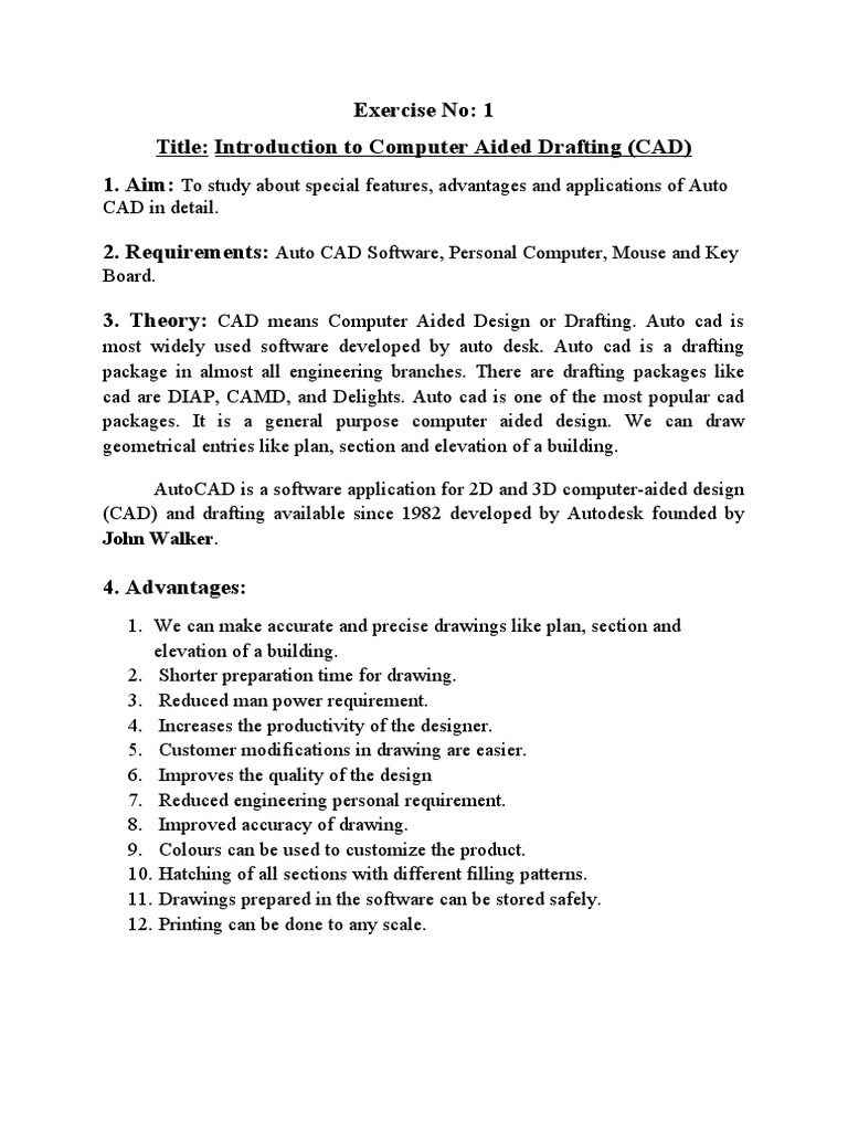 Exercise No: 1 Title: Introduction To Computer Aided Drafting (CAD) 1 ...