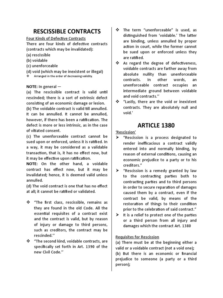 Rescissible Contracts: Arranged in The Order of Decreasing Validity ...