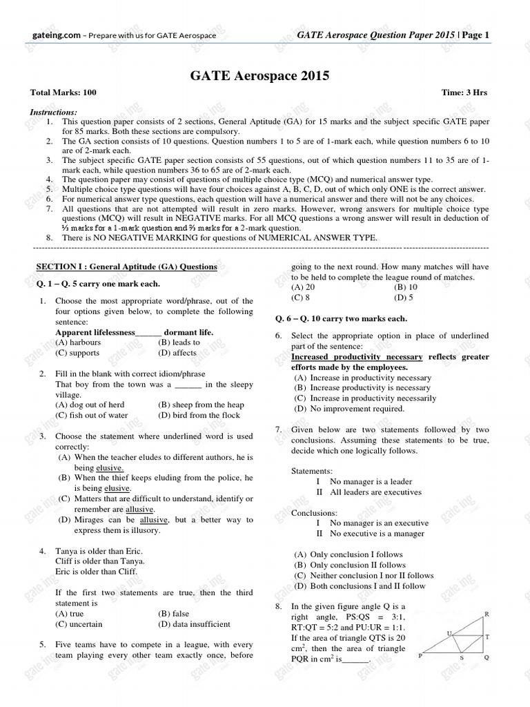GATE Aerospace 2015 Question Paper | PDF | Multiple Choice | Applied ...