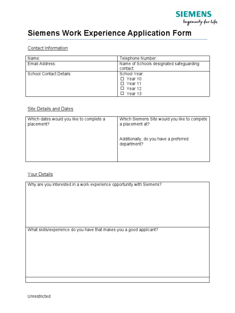 Standard Work Experience Application Form