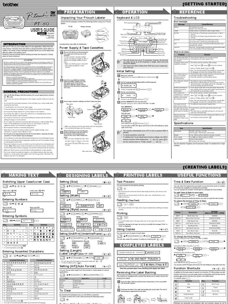 Brother Ptouch PT-80 Label Maker | PDF | Compact Cassette ...
