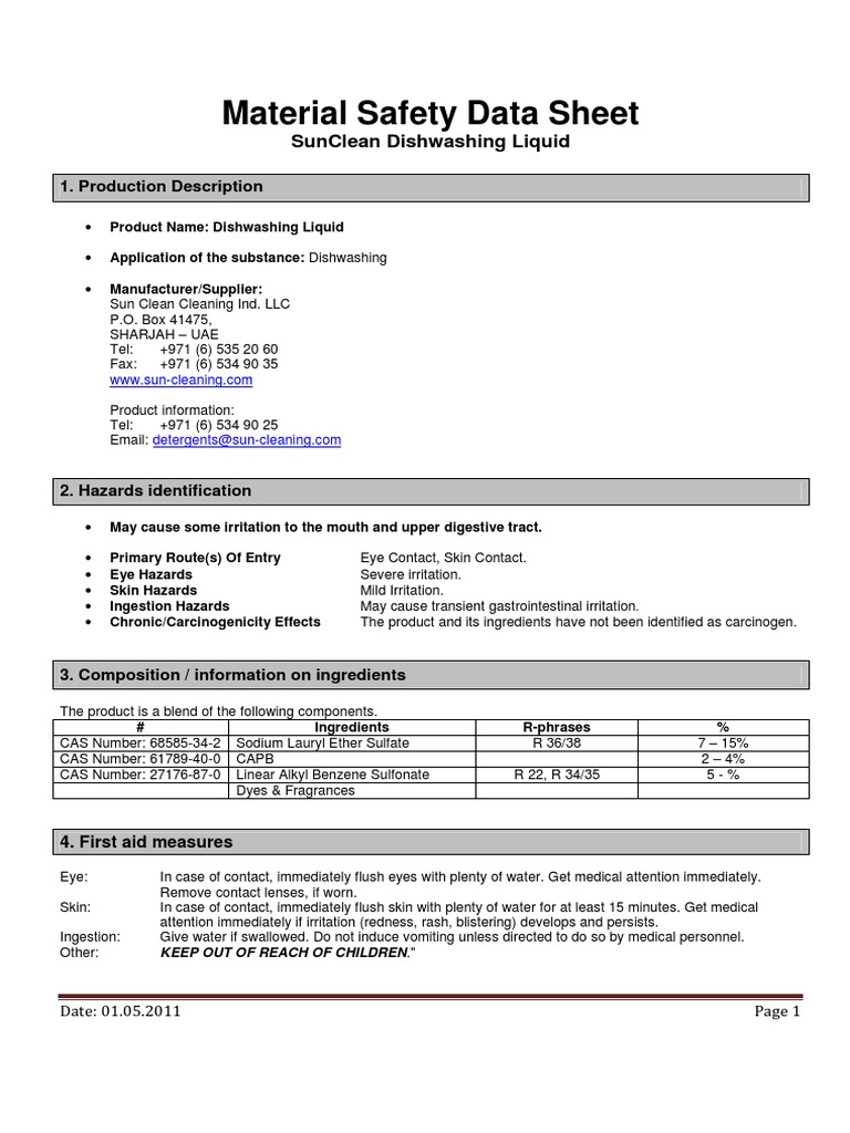 Dishwashing Liquid MSDS | PDF | Personal Protective Equipment | Chemistry